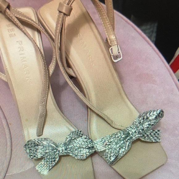 Primark | Shoes | Primark Beige Heels With Glittering Silver Bow | Poshmark